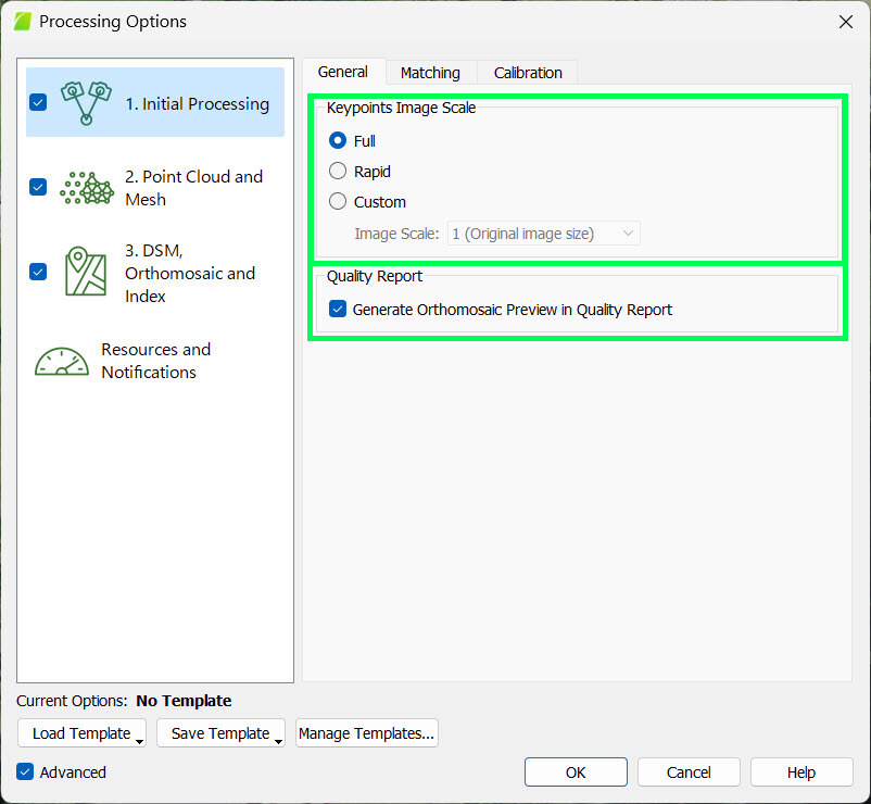 Menu Process > Processing Options... > 1. Initial Processing > General - PIX4Dmapper